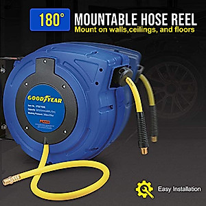 Goodyear Air Hose Reel Retractable 3/8" Inch x 65' Feet Premium Commercial Flex Hybrid Polymer Hose Max 300 Psi Heavy Duty Spring Driven Polypropylene Construction w/Lead-in Hose and PVC Handle