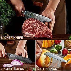 Damascus Kitchen Knife Set 3 PCS, Ultra Sharp Chef Knife Set With Japan VG-10 Steel Core, Professional High Carbon Steel Japanese Knife Sets for Cooking With Ergonomic Wooden Handle & GIFT BOX