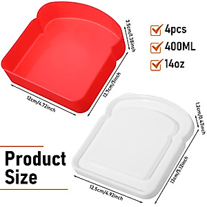 4 Pcs Sandwich Containers Sandwich Box for Lunch Toast Shape Food Storage Reusable Plastic Sandwich Holder Red White Kids or Adult Lunch Box for Bread Snack Meal Food Storage, 14 oz