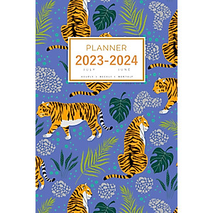Planner July 2023-2024 June: 6x9 Medium Notebook Organizer with Hourly Time Slots | Tiger Tropical Leaf Design Blue