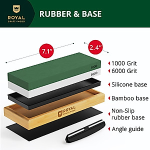 Universal Knife Sharpening Stone w/Dual Grit 1000/6000 for Kitchen Knife Set, Chef Knife, and more - Whetstone Sharpening Kit with Angle Guide, Non-Slip Silicon and Bamboo Bases by ROYAL CRAFT WOOD