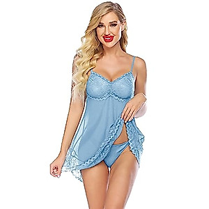 Avidlove Women V-Neck Lingerie Lace Babydoll Chemise Nightwear Outfits(Clear Blue, M)
