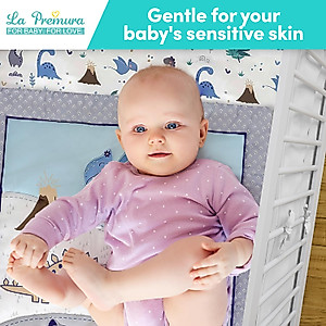 La Premura Baby Crib Bedding Set for Boys – Dinosaur 3 Piece Standard Size Nursery Crib Comforter Set, Grey/Blue - Unisex Baby Nursery Bedding and Neutral Decor