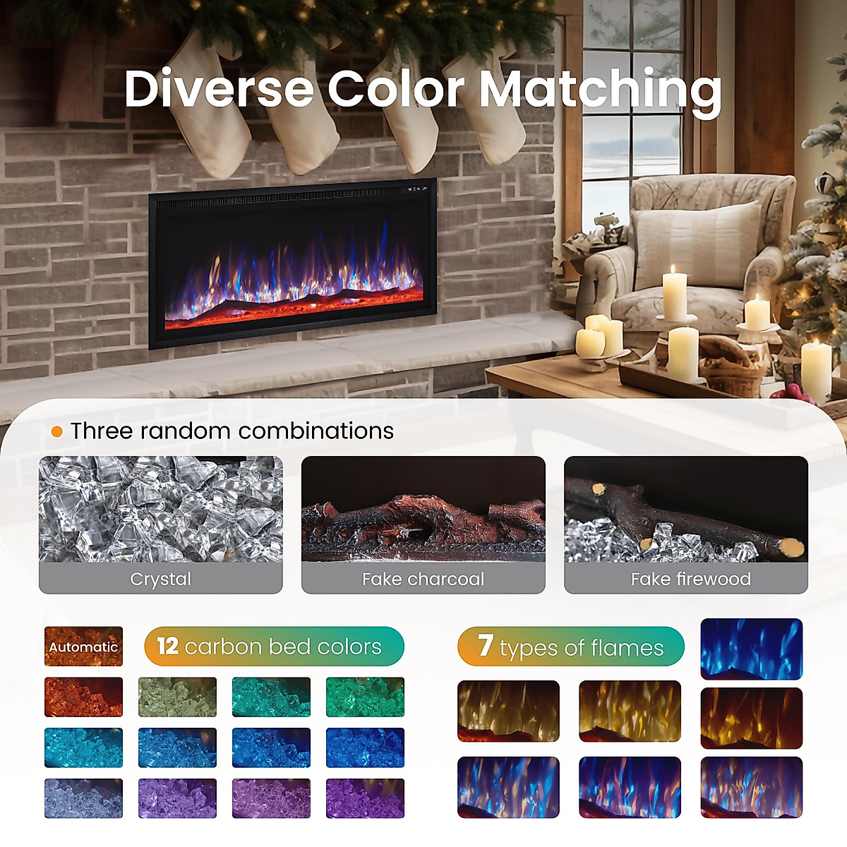 PHI VILLA 30 Inch Electric Fireplace Inserts, Wall Mounted & Recessed Electric Fireplace Heater Low Noise with Remote Control, Timer, Touch Screen, Adjustable Flame Color, 1500W (Black)