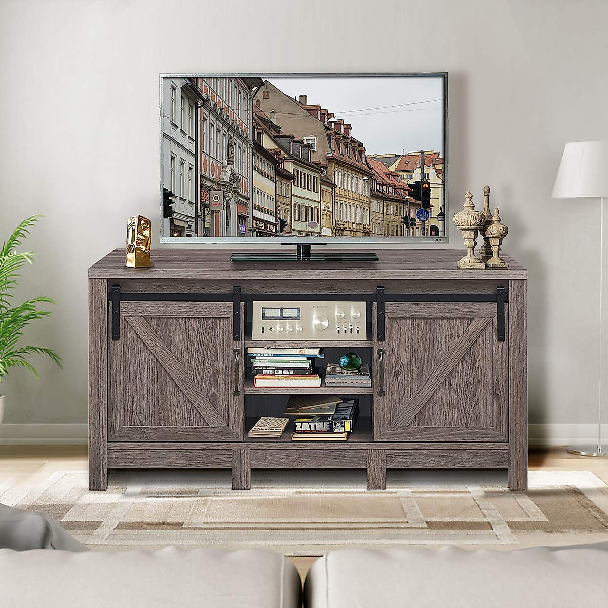 Tangkula TV Stand with Sliding Barn Doors, Modern Farmhouse Wood Entertainment Center for 55 Inch TV, Media Console Cabinet w/Storage Cabinets & Adjustable Shelves, Grey TV Stands for Living Room