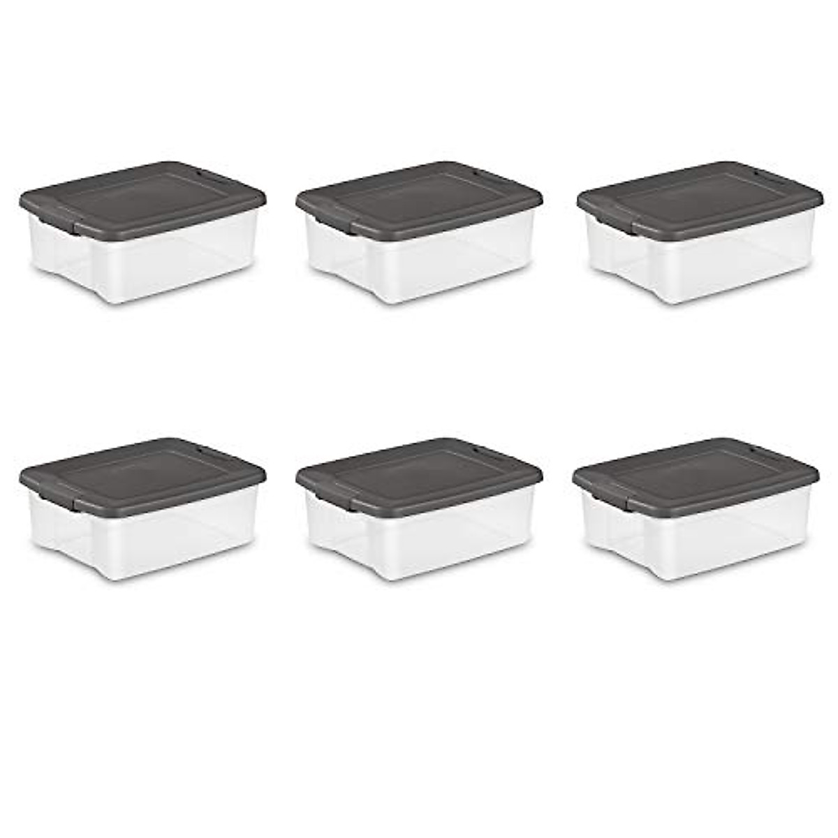 Sterilite 19363V06 25 Quart/24 Liter Shelf Tote, Clear Base with Flat Gray Lid and Latches, 6-Pack
