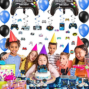 KOTLMIGHT Blue Gamer Birthday Party Decoration - 270Pcs Video Game Gaming Party Supplies For Boys Birthday Party - Table Cover, Plates, Cups, Napkins, Utensils, Stickers, Bracelets Serves 16 Guests