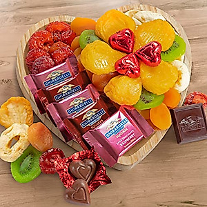 Dried Fruit and Chocolate with Ghirardelli on Heart Shaped Bamboo Tray for Valentines Day