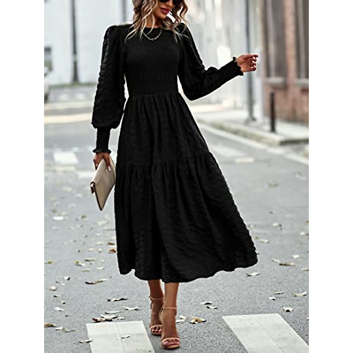 PRETTYGARDEN Women's Boho Puff Long Sleeve Crewneck Smocked Tiered Maxi Dress Solid Print Ruffle A-line Flowy Long Dress(Black,Large)