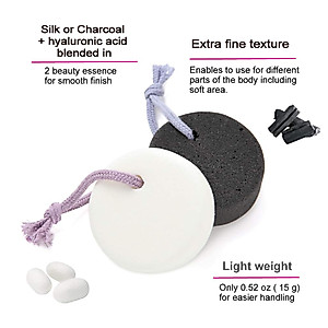 Pumice Stone for Feet, Body, Hands [Made in Japan] Silk or Charcoal Plus Hyaluronic Acid Essence Blended for Extra Fine Smooth Finish, Soft Foot Pumice Scrubber (2 pcs Set (Charcoal and Silk))