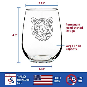 Tiger Face Stemless Wine Glass - Cute Tiger Themed Decor and Gifts for Animal Lovers - Large 17 Oz Glasses