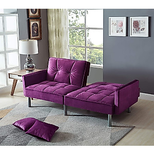 Legend Furniture Velvet Loveseat Futon Convertible Sofa Bed for Living Room and Couch for Bedroom Sofabed Sleeper, 75.5'', Purple