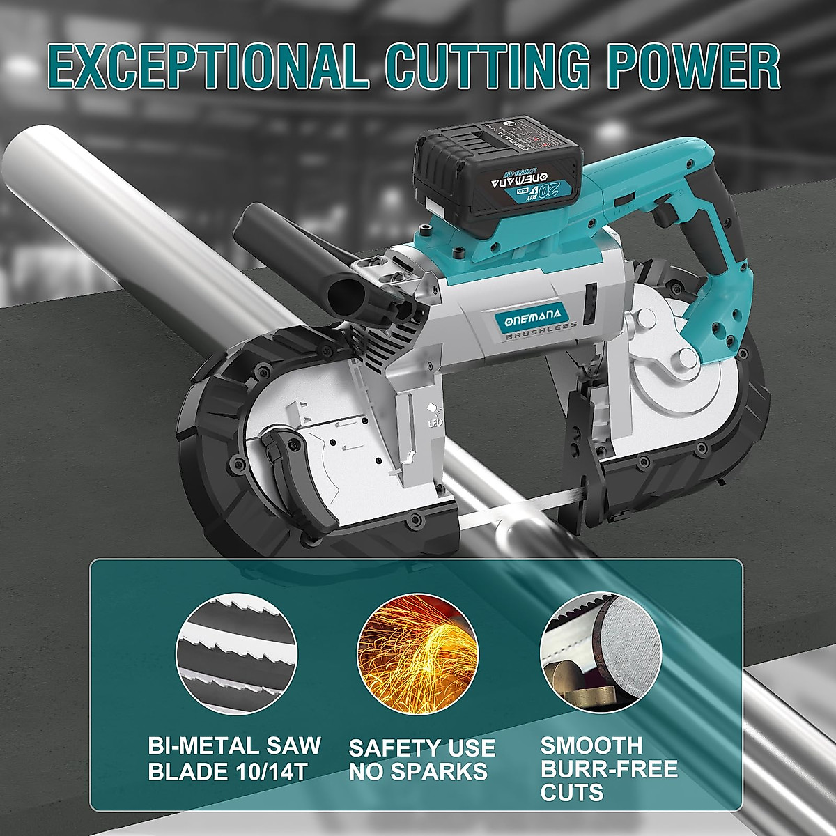 ONEMANA 5 inch Cordless BandSaw，20V Cutting Capacity Brushless Metal Band Saw,Not Hot Sparks, Portable BandSaw for Deep Cut with 6 Speeds Adjustable（ Battery Included）