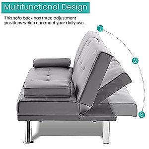 AWQM Faux Leather Futon Sofa Bed Upholstered Modern Convertible Sofa Bed Small Couch Bed Adjustable Couch Sleeper for Compact Living Space, Removable Armrests, Metal Legs, 2 Cupholders, Light Grey