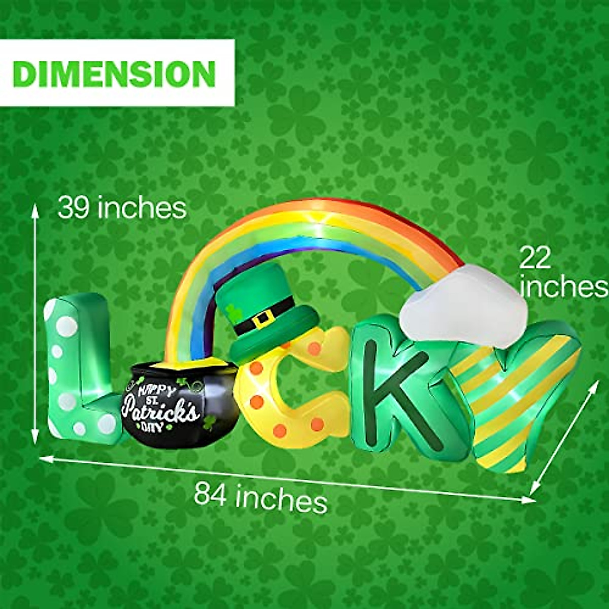 BLOWOUT FUN 6.5 Foot Long St. Patrick Day Inflatable Lucky Letters with Gold Pot and Rainbow Decoration for Indoor Outdoor Blow Up Lawn Yard Decor