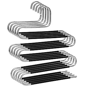 Fixwal Pants Hangers Space Saving, 5 Pack Non-Slip S-Shape Trousers Hangers, Black Stainless Steel Clothes Hangers for Jeans Scarf Leggings Skirts Ties(5 Pack with 25 Metal Clips