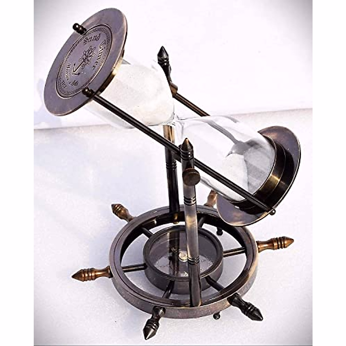 Nautical Maritime Black Antique Full Brass Sand Timer Hourglass with Wheel Compass Base Brass Antique Sand Timer Hourglass with Wheel Compass Base & Hanging Decor Item