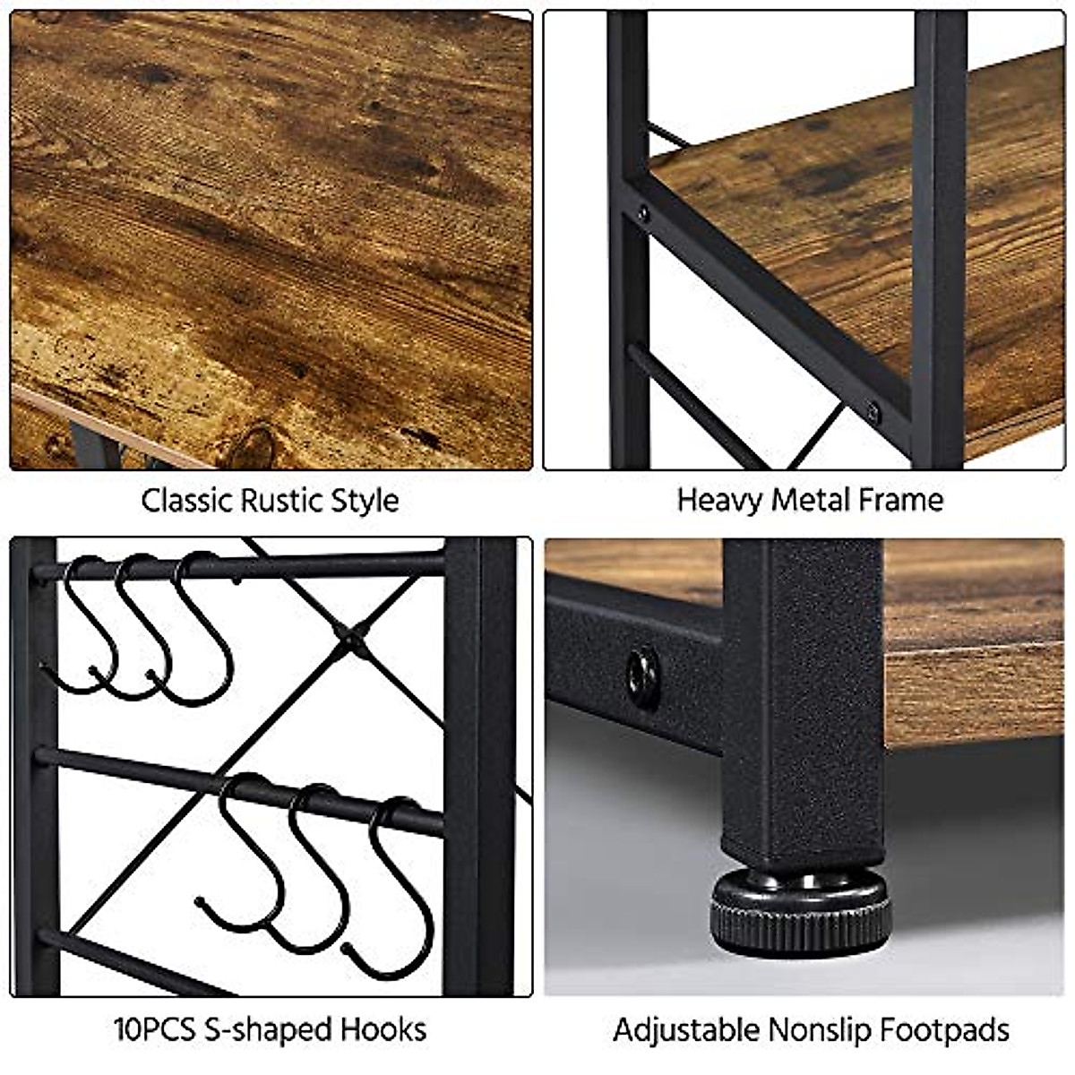 Yaheetech 4-Tier Kitchen Baker's Rack, Coffee Bar Microwave Stand Cart with Wire Basket & 6 Side Hooks, Kitchen Organizer Shelf for Spices/Utensils Foods, Rustic Brown