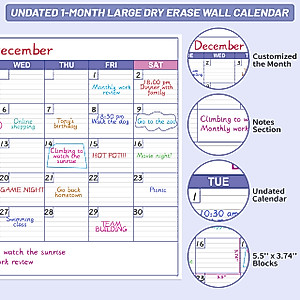 Large Dry Erase Calendar - 27.8"x 40", Undated Monthly Wall Calendar Laminated, Blank Reusable Calendar Planner for Home, Office, Classroom, with Ample Daily Boxes, Notes, 6 Markers ＆ 8 Stickers