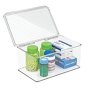 iDesign Med+ Plastic Bathroom Vanity Organizer Bin with Lid for Medication, Accessories, Cosmetics and More, 7.25" x 10.75" x 5", Clear