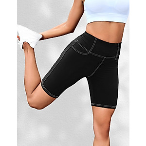 VOOVEEYA 5"/8" High Waisted Yoga Biker Shorts with Pockets for Women - Butt Lifting Workout Spandex Booty Gym Shorts(Black-L)