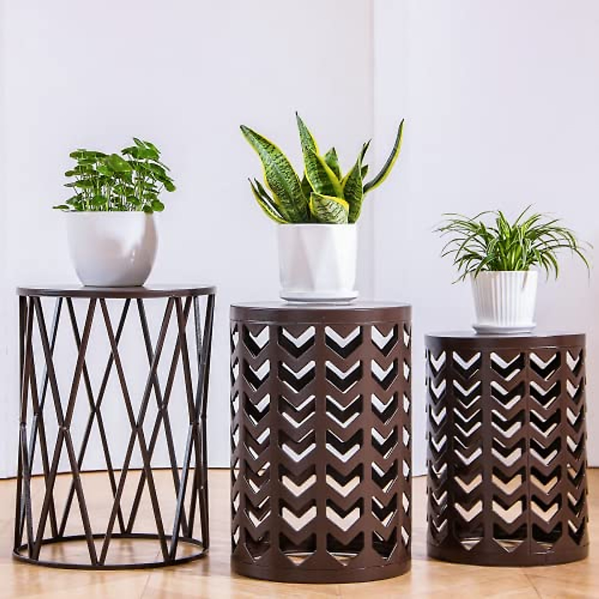 Y&M Set of 3 Round Heavy-Duty Side Table End Table, Coffee Table for Indoor Multifunctional Use, Outdoor Decorative Garden Stool Plant Stand-Pure Brown(Ship from US)