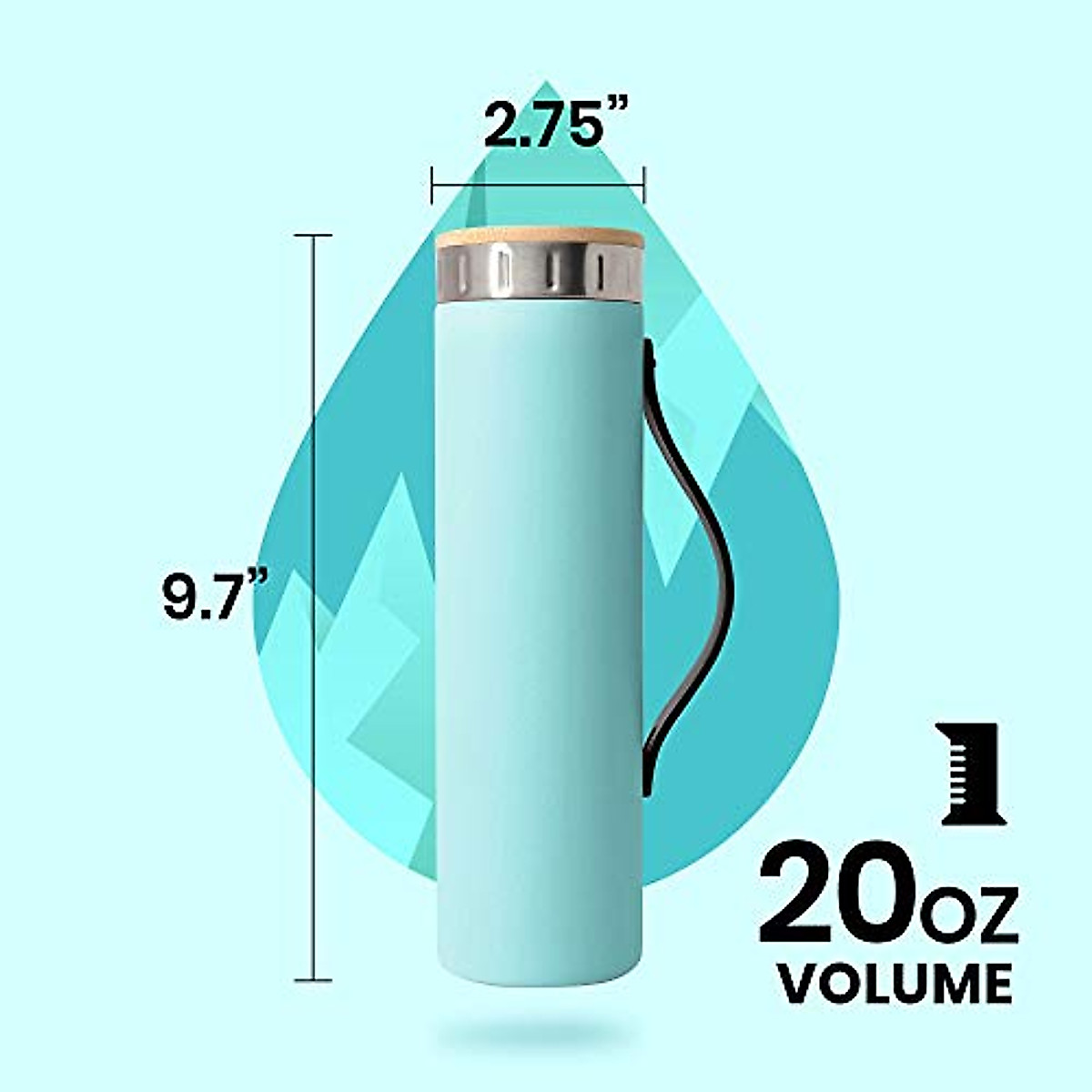 Elemental Iconic Stainless Steel Water Bottle Infuser, 20oz Triple Wall Vacuum Insulated Water Bottle, Reusable Fruit & Tea Infuser Thermal Bottle with Internal Strainer and Bamboo Lid - Robin's Egg