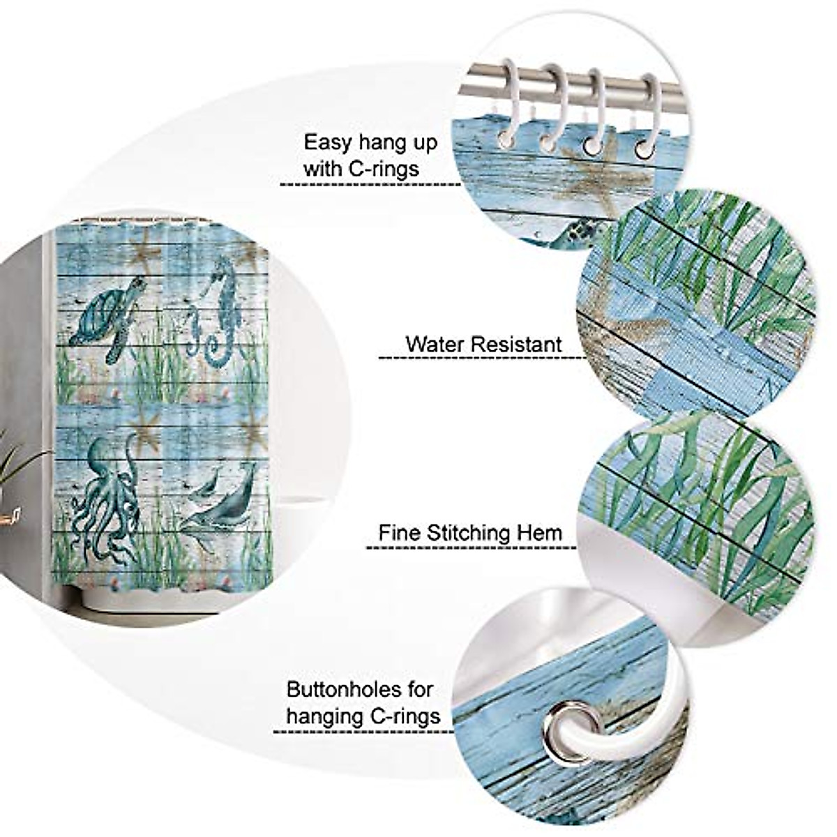 4 Pcs Shower Curtain Set with 12 Hooks Sea Turtle Octopus Whale Wood Grain Bathroom Sets with Non-Slip Bath Mat Toilet Lid Cover Waterproof Durable Shower Curtain and Rugs