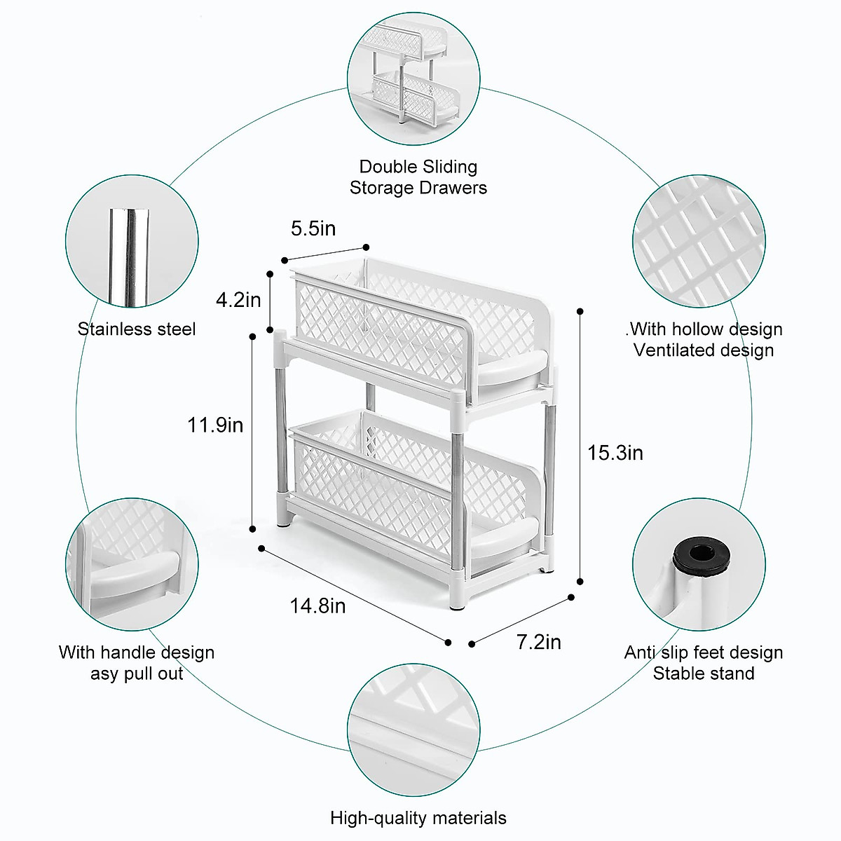 hoyiolad Under Sink Organizers and Storage,2 Tier Easy Access Sliding Drawer Bathroom Organizer,Multi-purpose Under Sink Organizer,Bathroom Counter Organizer,Kitchen Organization and Storage,White