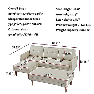 TAIGR Sectional Sleeper Sofa, Pull Out Couch Bed with Storage Chaise, Convertible L Shaped Couch for Living Room, Small Space, Apartment, Beige
