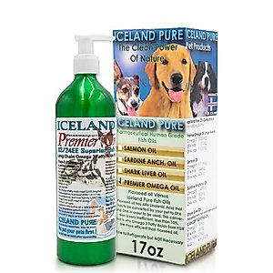Premier Omega Fish Oil Supplement by Iceland Pure | Wild Caught | 3053mg of Omega-3 per teaspoon | For Large Dog Breeds | Ethyl Ester Distillation | Pump Bottle BPA Free Brushed Aluminum 17Oz
