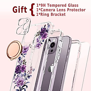ACKETBOX for iPhone 14 Pro Max Case with Screen Protector + Camera Lens Protector and Ring Bracket，PC Back Case + Front Cover and TPU Phone Case Cover for iPhone 14 Pro Max (Flower-02)