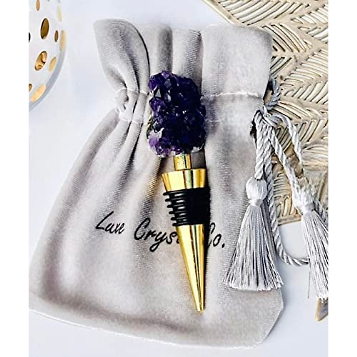 LUXE CRYSTAL CO. Natural Amethyst Teeth Raw Crystal Wine Stopper Bottle Gold Silver Handmade Wine Champagne Gifts for Her Bridal Shower Minimalist Decor (Silver)