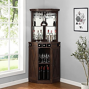 Home Source 73" Tall Corner Storage Cabinet with Wood Doors, Wine Rack, Liquor Glass Holder, Glass Design Large Rustic Bar Hutch for Living Room, Home Office, Kitchen, Small Space, Mahogany