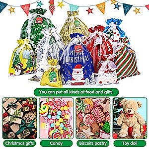 Moretoes 48pcs Christmas Drawstring Gift Bags with 10 Sizes 10 Designs Assorted Sizes Foil Wrapping Sacks Pouches Santa Goody Bags Xmas Holiday Presents Party Favor