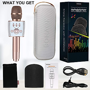 BONAOK Bluetooth Wireless Karaoke Microphone,Portable Karaoke Machine with Duet Sing for Car/Party/PC/All Smartphones X39 ROSE GOLD