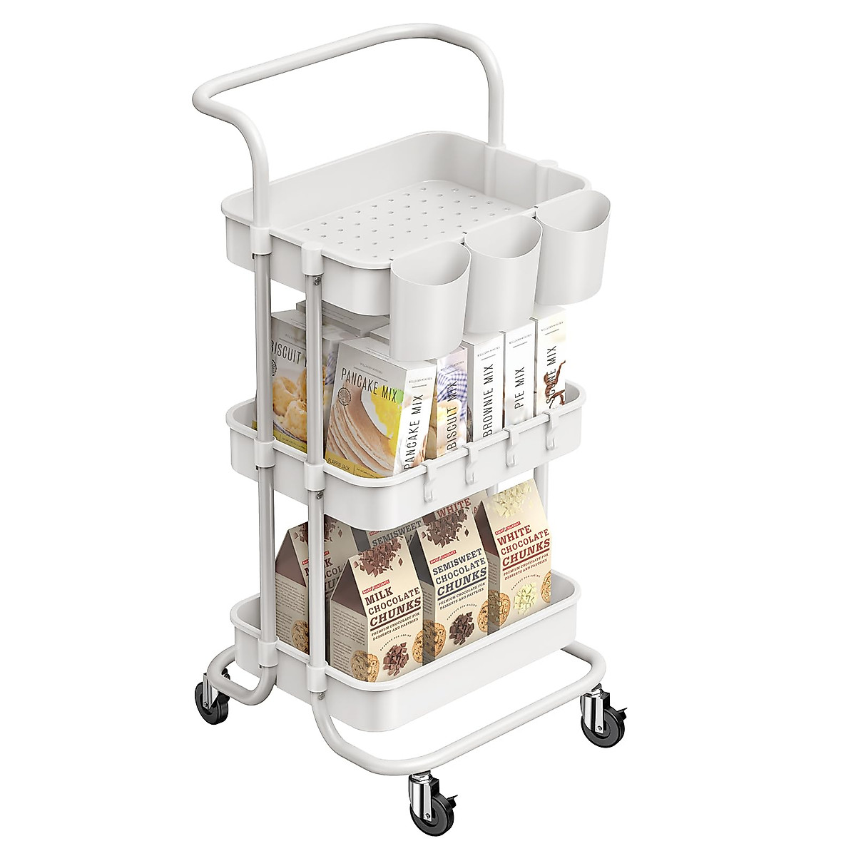 3-Tier Metal Rolling Utility Cart, Rolling Kitchen Cart with Adjustable Shelves Easy Assembly Storage Trolley with Lockable Wheels for Kitchen Bathroom Patio (White)