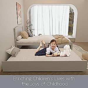 Xilingol Trundle Bed Twin, Solid Wood Bed Frames with Headboard and Wooden Slats Support, Twin Trundle Bed Frame Roll Out, Single Box Bed (No Box Spring Needed), Grey