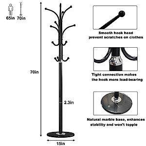 HOMEFORT Metal Coat Rack Stand,Free Standing Hat Hanger with Marble Base,Hall Tree with 12 Hooks for Hanging Hat,Clothes,Bag,Entryway Storage Organizer,Black
