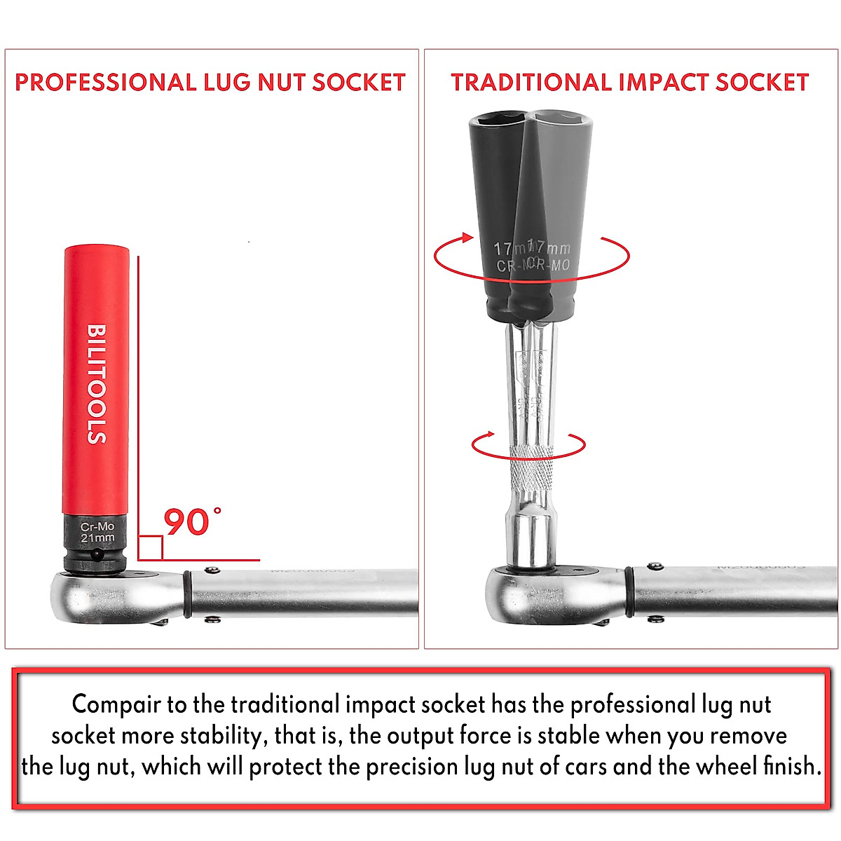 BILITOOLS 1/2 inch Drive Impact Lug Nut Socket Set, Metric 17-19 - 21 mm & SAE 13/16-7/8 inch Non-Marring Thin Wall Wheel Nut Socket