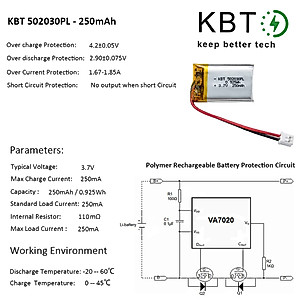KBT 3.7V 250mAh Li-Polymer Battery:502030 Lipo Rechargeable Lithium-ion Replacement Batteries with PH2.0 2Pin JST Connector