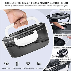 Electric Lunch Box Food Heater for Car Home Work, 12V 24V 110V 60W Faster Portable Food Warmer Heated Lunch Box for Adults, Removable 304 Stainless Steel Container 1.5L, Leak Proof, SS Fork & Spoon