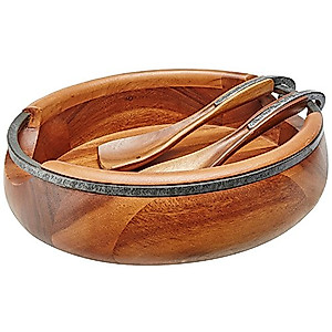 nambe Anvil Salad Bowl with Servers | Large Wooden Serving Bowl for Fruit, Salads | Made of Acacia wood and Iron Finished Nambe Alloy | Designed by Neil Cohen