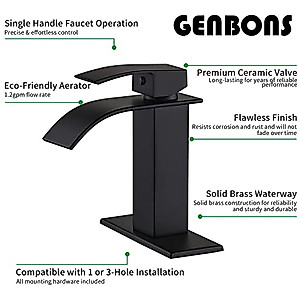 GENBONS Black Waterfall Spout Bathroom Faucet, Single Handle Bathroom Sink Faucet with Metal Pop-up Drain, Rv Lavatory Vessel Faucet with Deck Plate