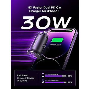 USB C Car Charger Fast Charging, 60W PD (30W+30W) Super Fast Car Charger, iPhone Car Charger Samsung Car Charger with 3.3ft C to C/L Cable for iPhone 14 13 12 iPad Samsung Galaxy S23/22 Google Pixel