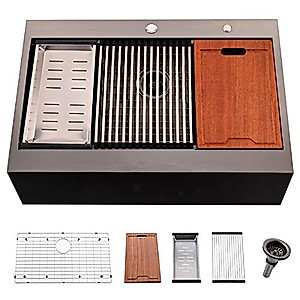 33 Inch Farmhouse Drop In Kitchen Sink Workstation Black- 33X22 inch Black Stainless Steel Drop In Apron Front Farmhouse Sink Workstation Kitchen Sink Single Bowl 16 Gauge Stainless Steel Farm Sink