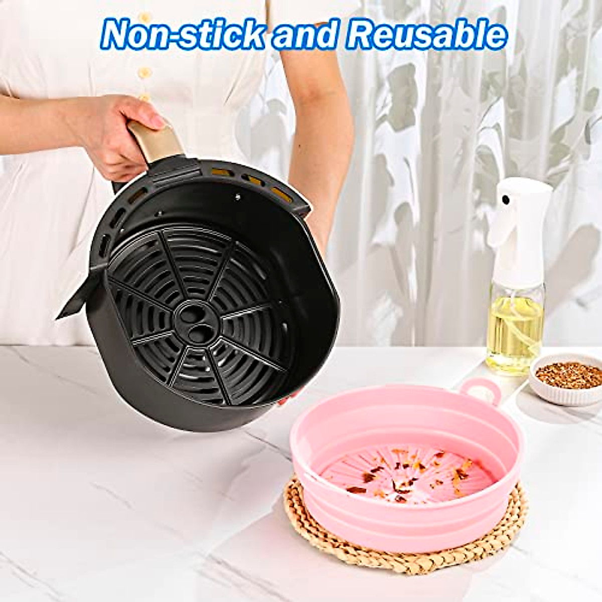Foldable Air Fryer Silicone Pot, Air Fryer Silicone Liners Food Safe Non Stick Air Fryer Basket Oven Accessories, Reusable Replacement of Flammable Parchment Liner Paper Fits 5 Qt or Bigger Air Fryer