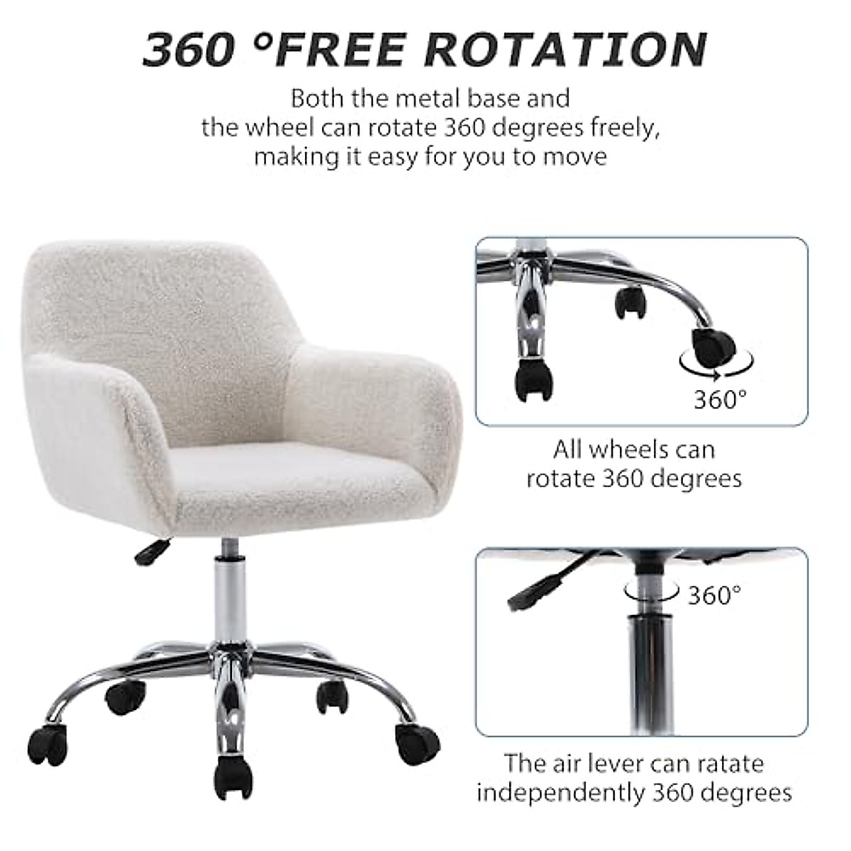 KCC Faux Fur Vanity Makeup Desk Chair, Comfy Fluffy Swivel Modern Leisure Armchair with Wheels, Upholstered Fuzzy Height Adjustable for Teens Women Girls Elegant Home Office