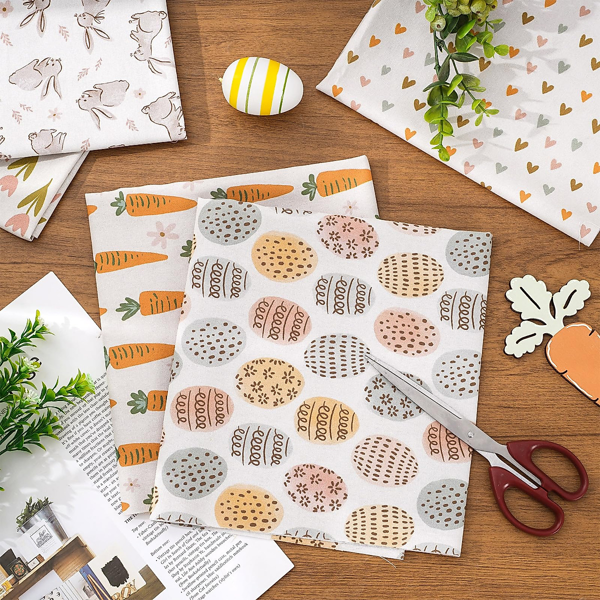 Whaline 10Pcs Easter Cotton Fabric Bundles Easter Bunny Egg Carrot Flower Fat Quarters Pastel Easter Spring Quilting Patchwork for DIY Handmade Craft Party Decor, 18 x 22 Inch