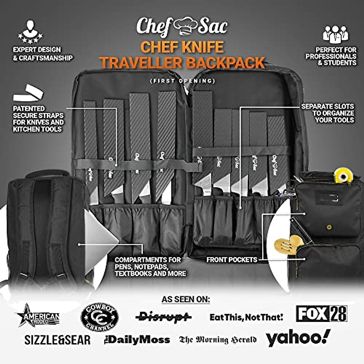 Chef Knife Bag | Traveller Chef Backpack | Water-Resistant Material | 21+ Pockets for Knives & Kitchen Utensils | Dedicated Pocket for Laptop & Notebook | Culinary Gifts for Chefs & Students (Black)